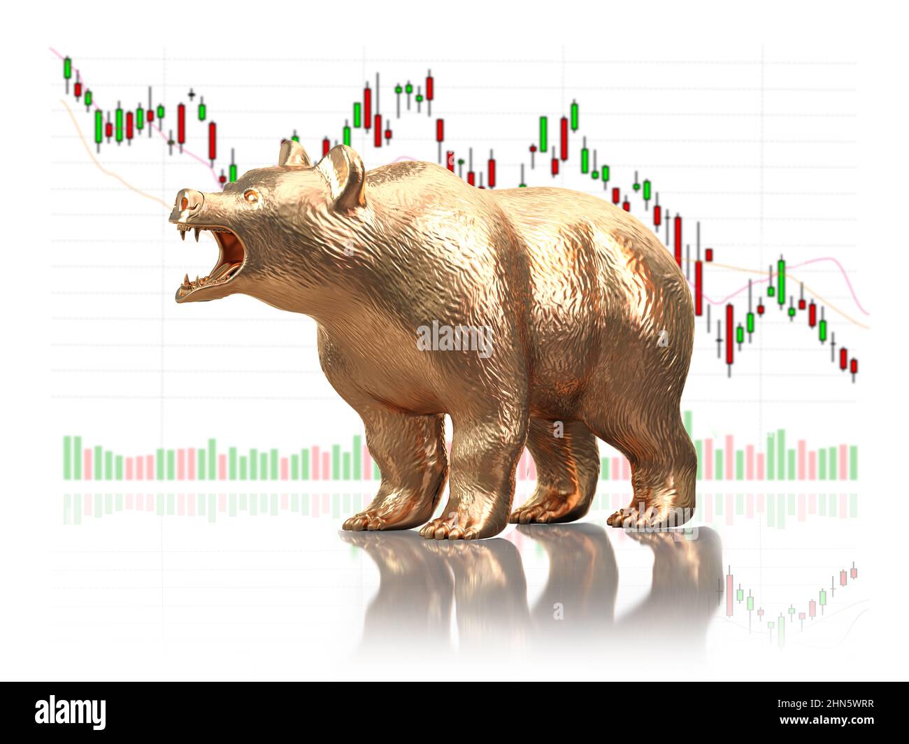 Golden bear on stock market data. Bearish market on financial stock ...