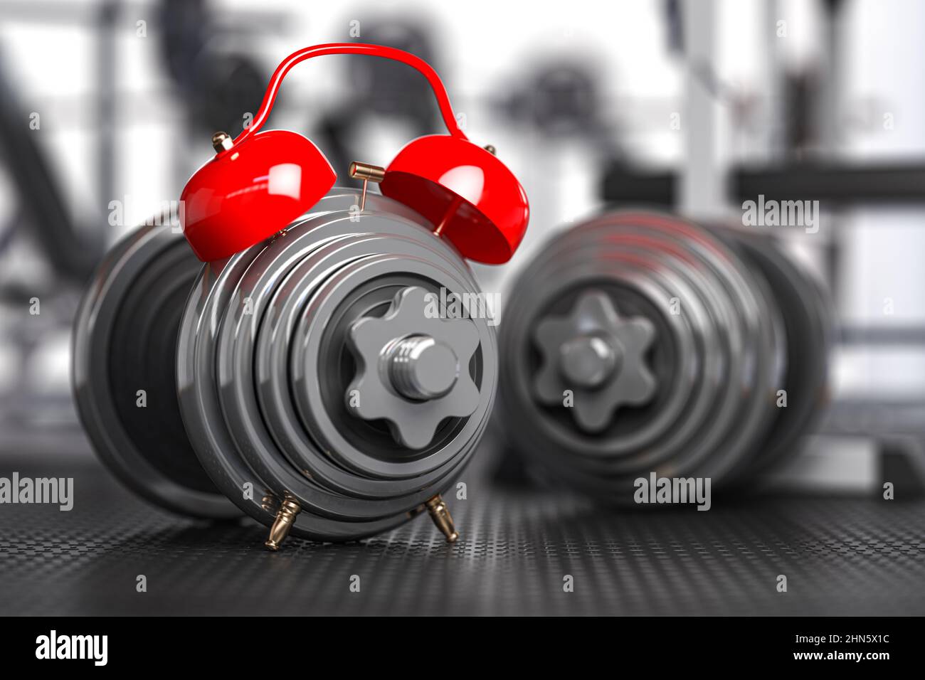 Dumbbells and alarm clock in gym. Time for workout gym concept. 3d ...