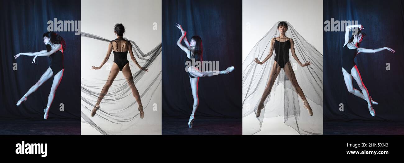 Flexibility and emotions. Collage of portraits of female ballet dancers ...