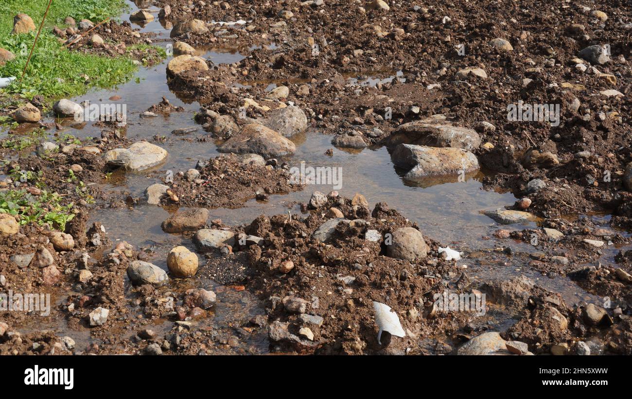A way in the mud and puddles on the dirty road. Mud puddles after rain ...