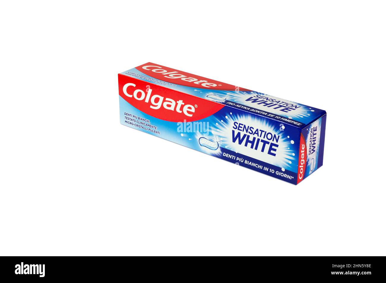 Italy - December 21, 2021:Box with toothpaste brand Colgate on a white ...