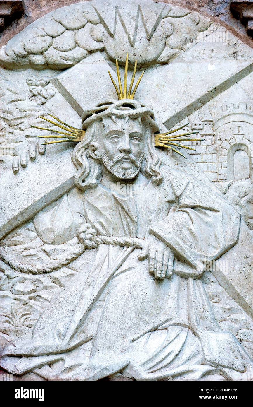 Three-dimensional painting of jesus made of white stone. Religious ...