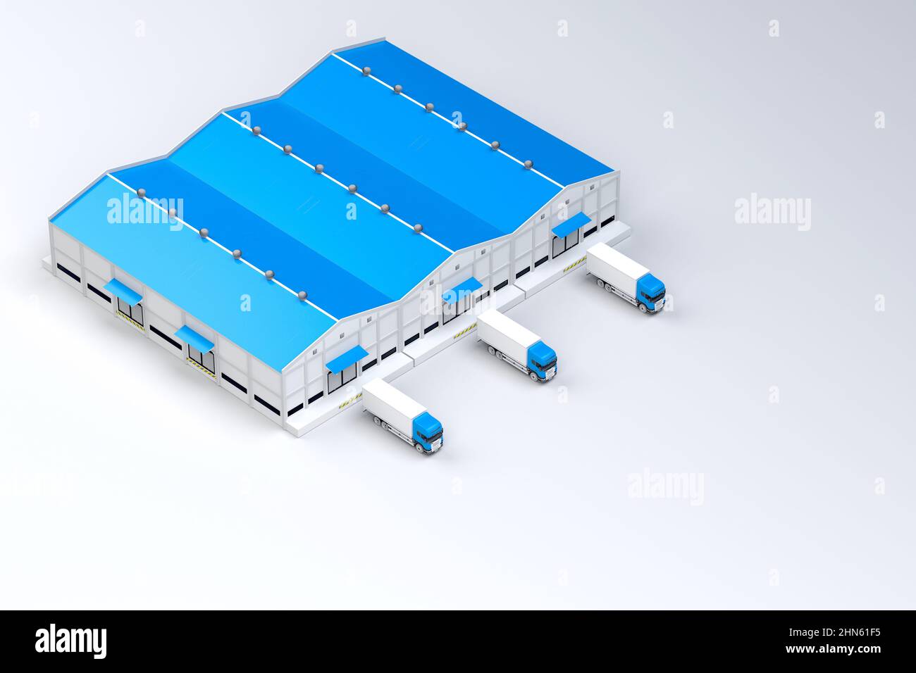 warehouse with three trucks above view. 3d rendering Stock Photo - Alamy