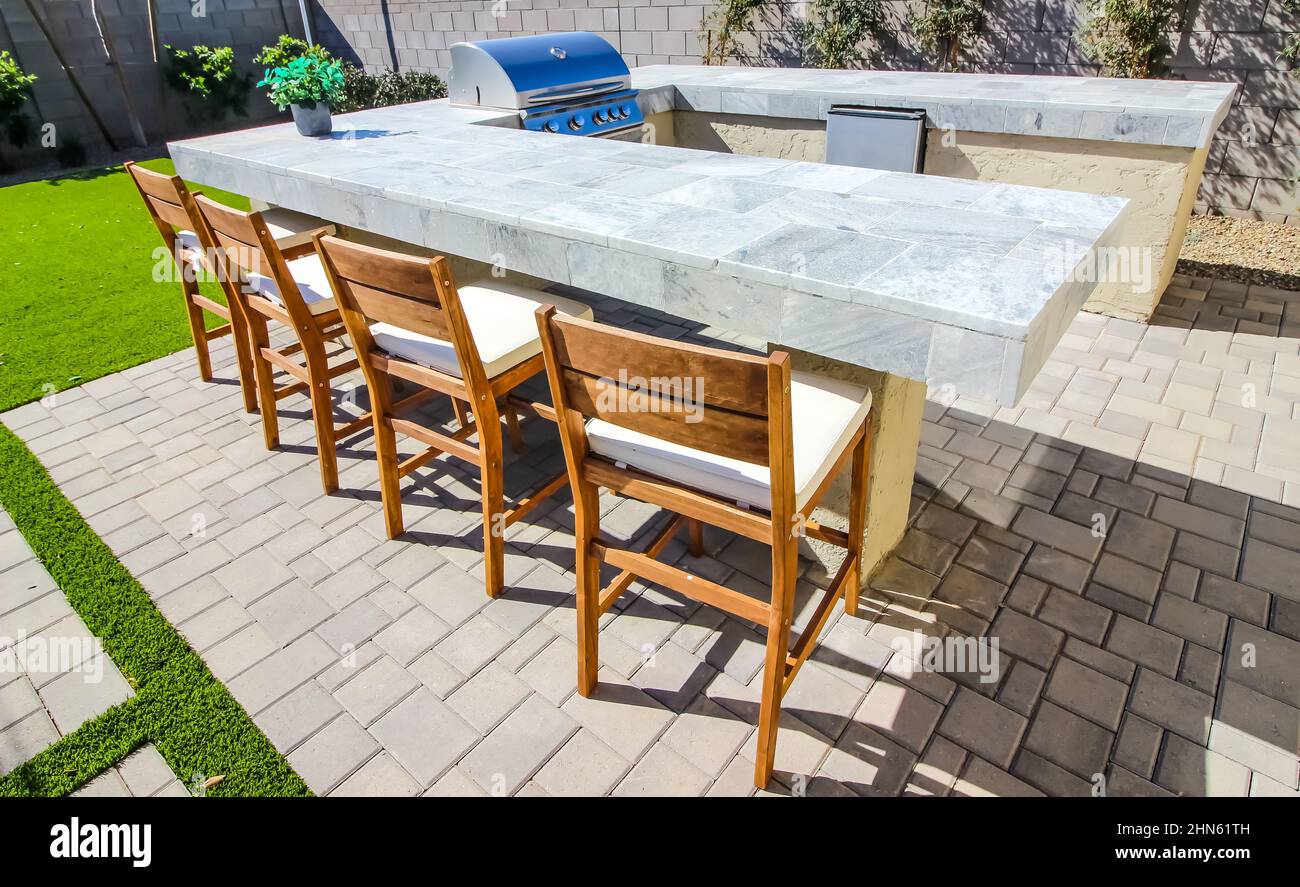 Back Yard Stainless Steel BBQ And Serving Counter Stock Photo - Alamy