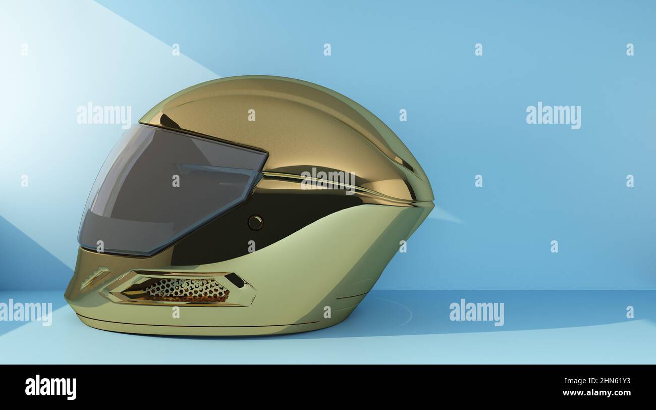 golden motorcycle helmet on blue background. 3d rendering Stock Photo ...