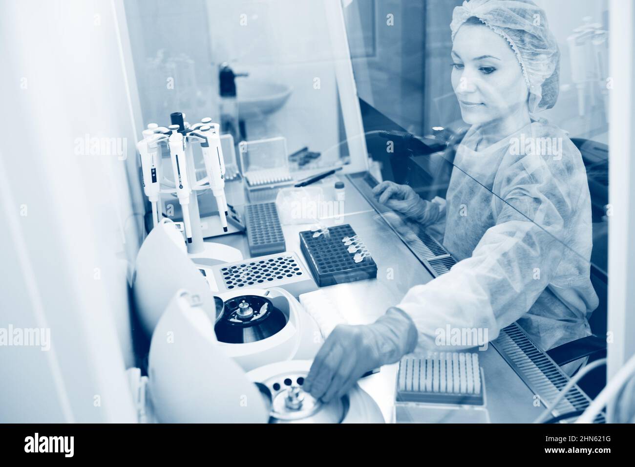 female scientist works in a sterile genetic or bacteriological ...