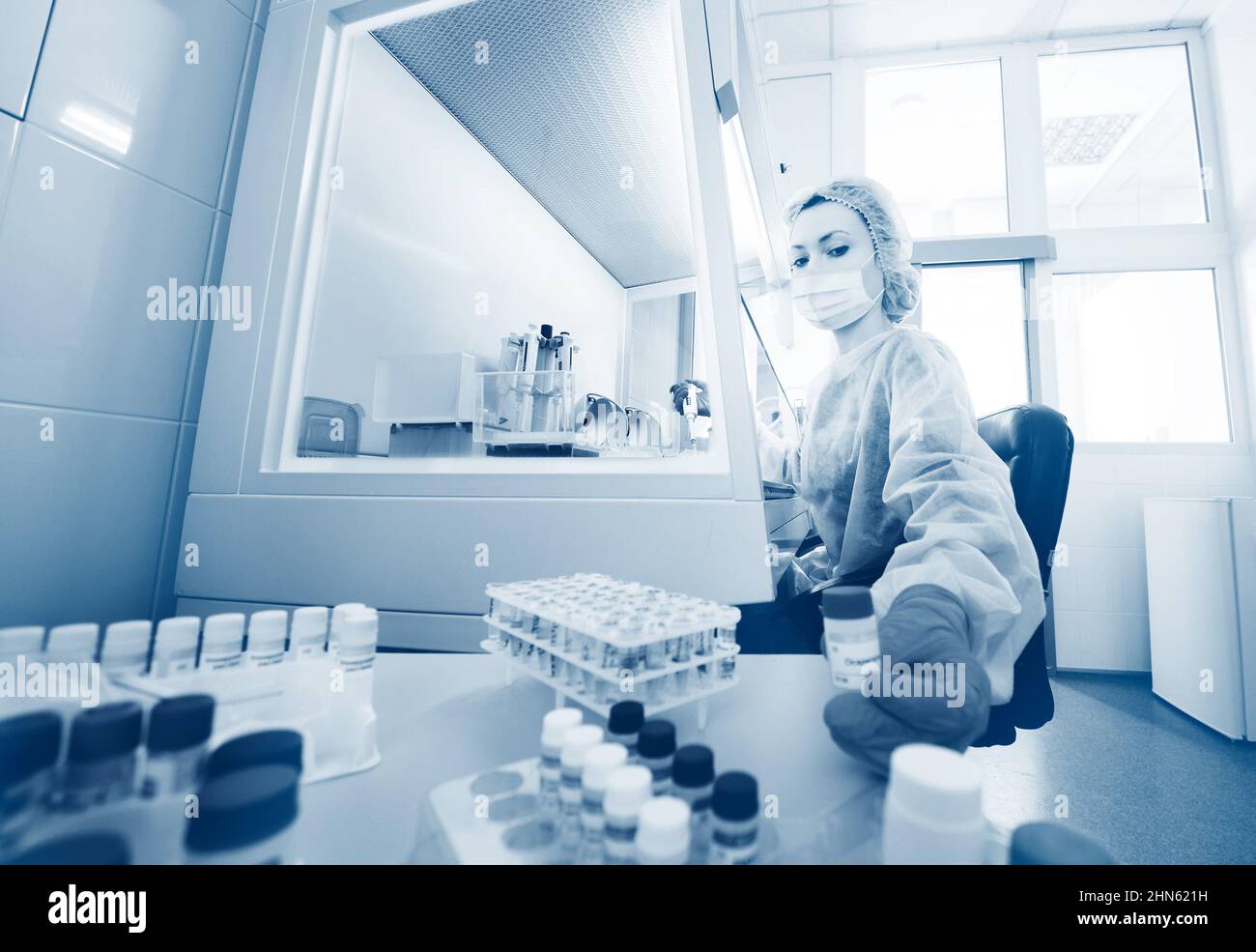 female scientist works in a sterile genetic or bacteriological ...