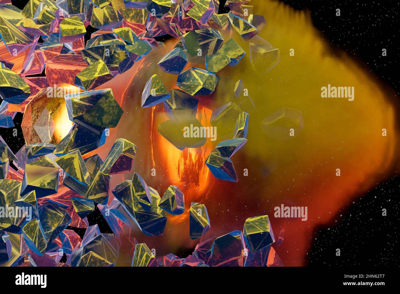 Comet impact explosion amidst stardust shows the glowing core of planet ...