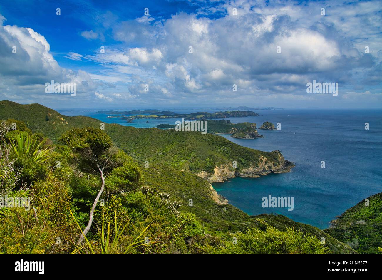 Coastal scenery with islands along the Cape Brett Track, a hiking track ...