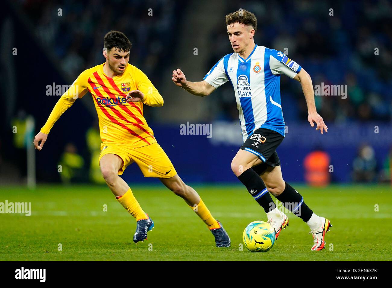 Adria Pedrosa of RCD Espanyol Pedro Gonzalez Pedri of FC Barcelona during the La Liga match ...