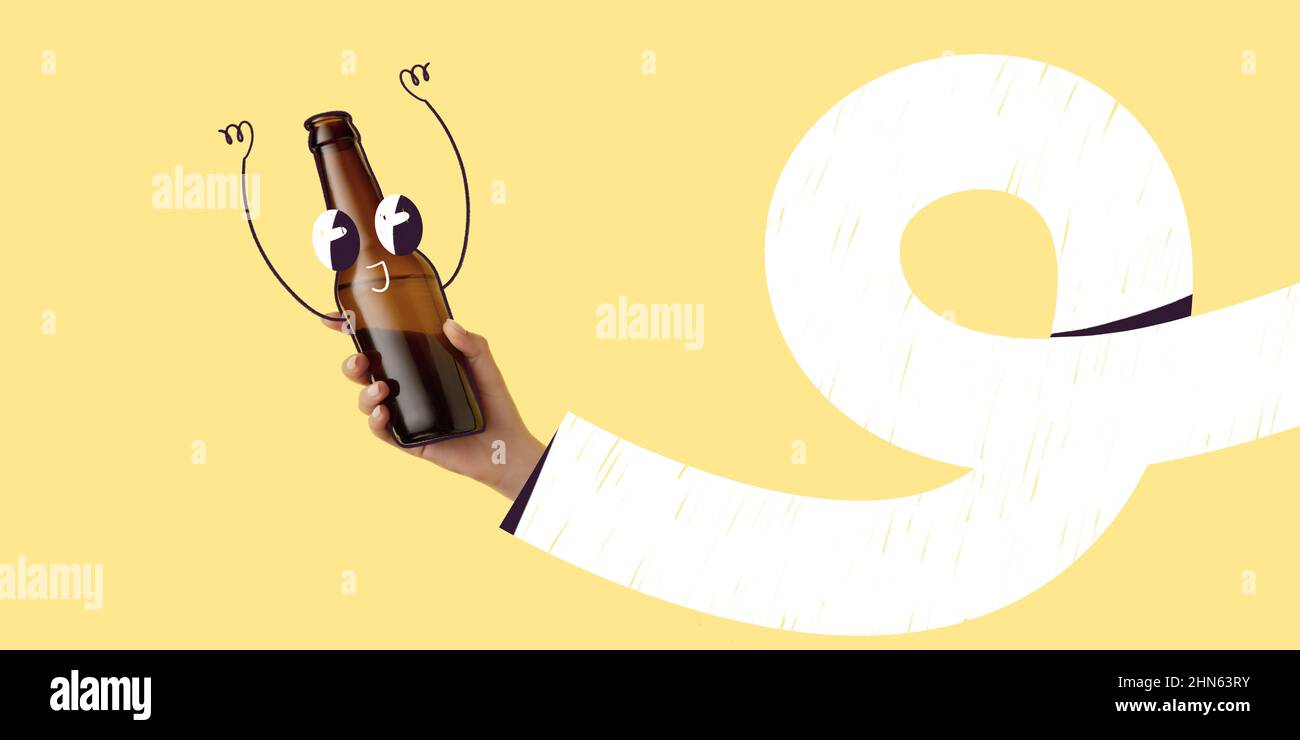 Creative design. Contemporary art collage. Male hand holding beer ...