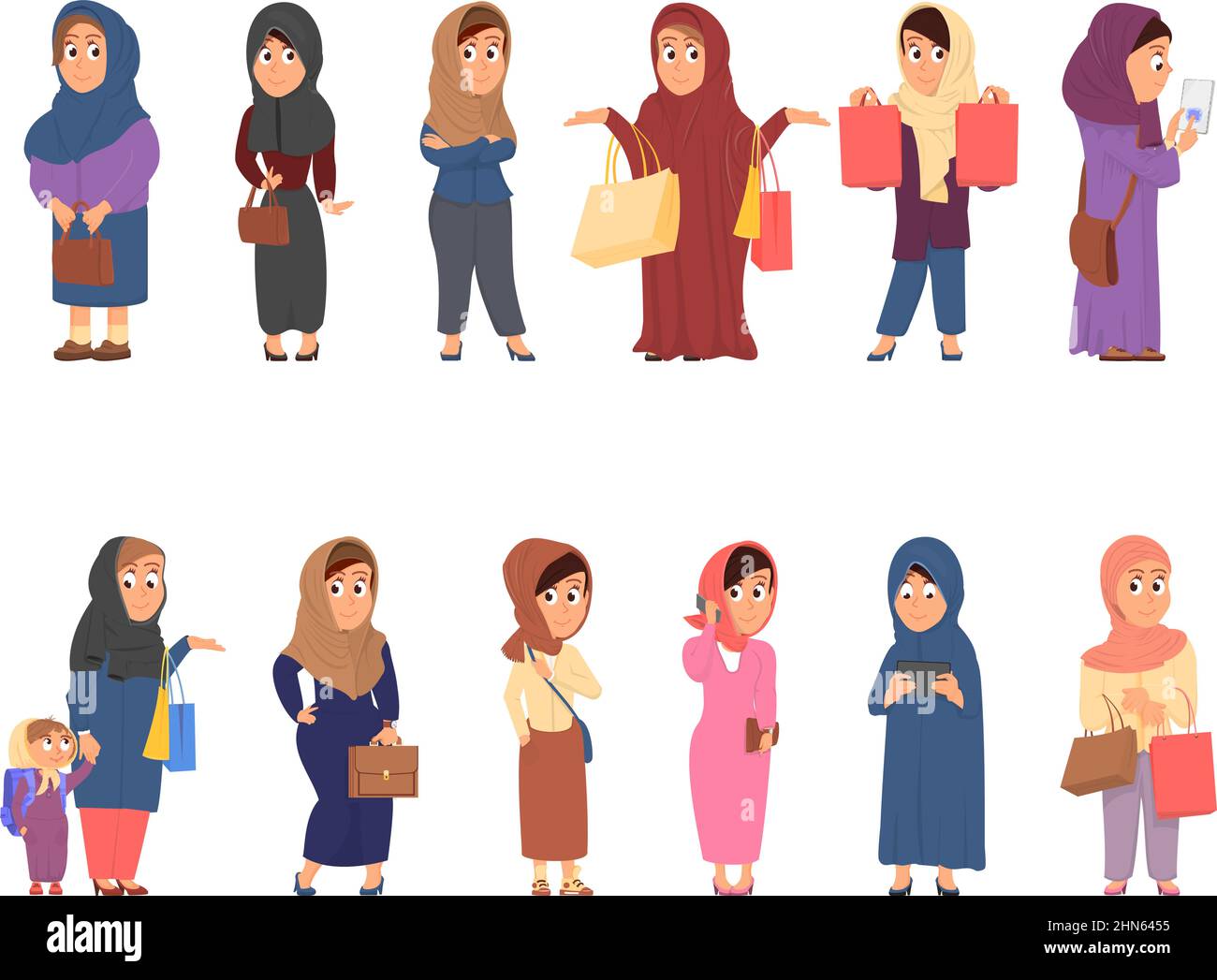 Arab woman characters. Muslim women, saudi girls with shopping bags ...