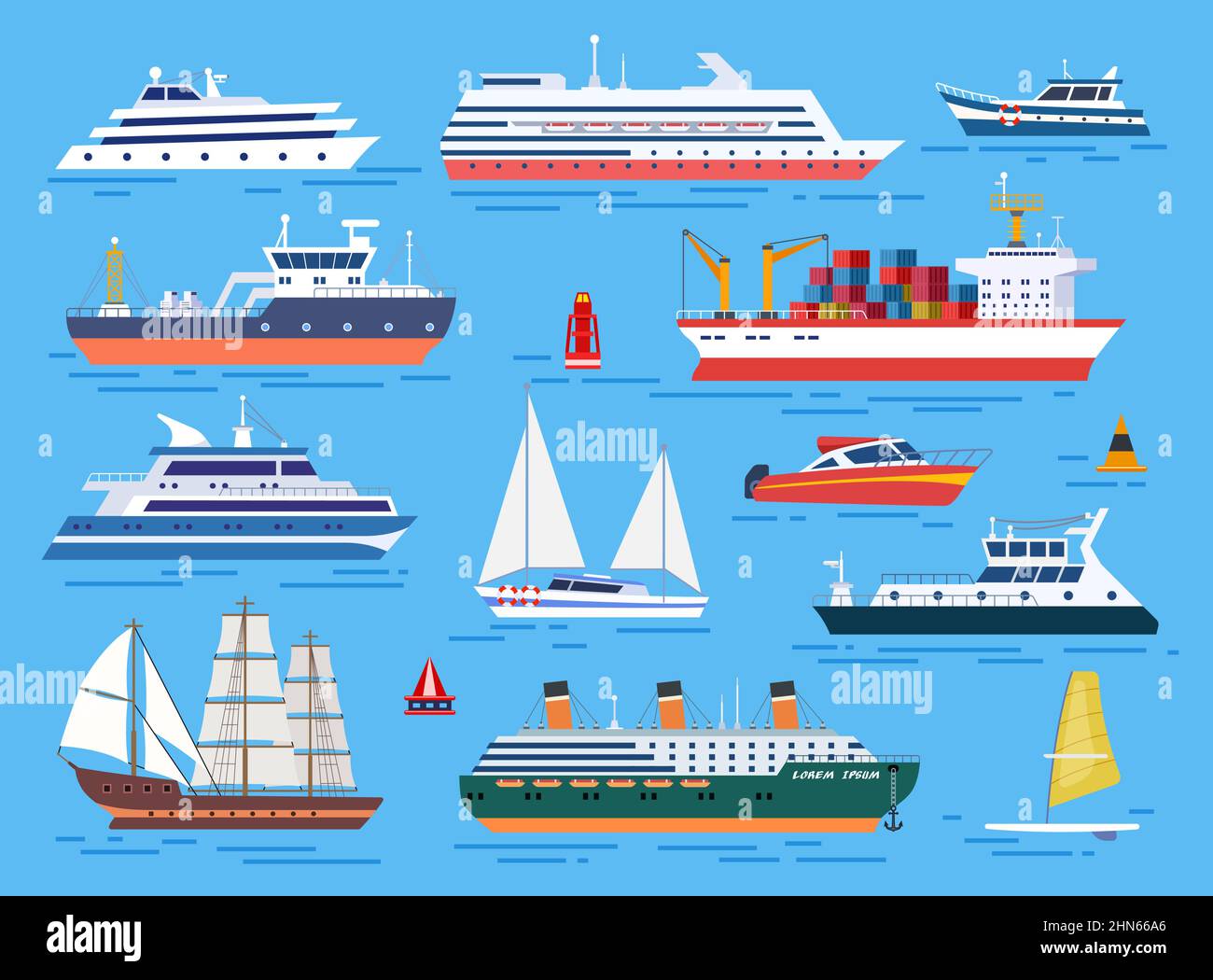 Sea ship. Sailing ships, big fishing boat. Sea container transportation ...