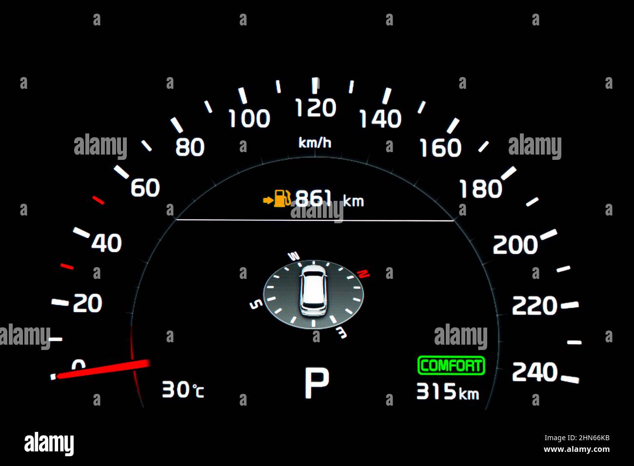 Close up shot of speedometer in car. Car dashboard. Dashboard details ...