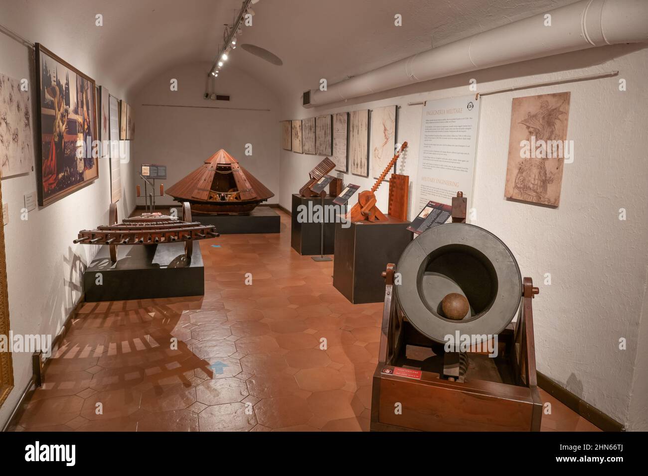 War machines, guns and cannon in Museum Leonardo Da Vinci interior at ...
