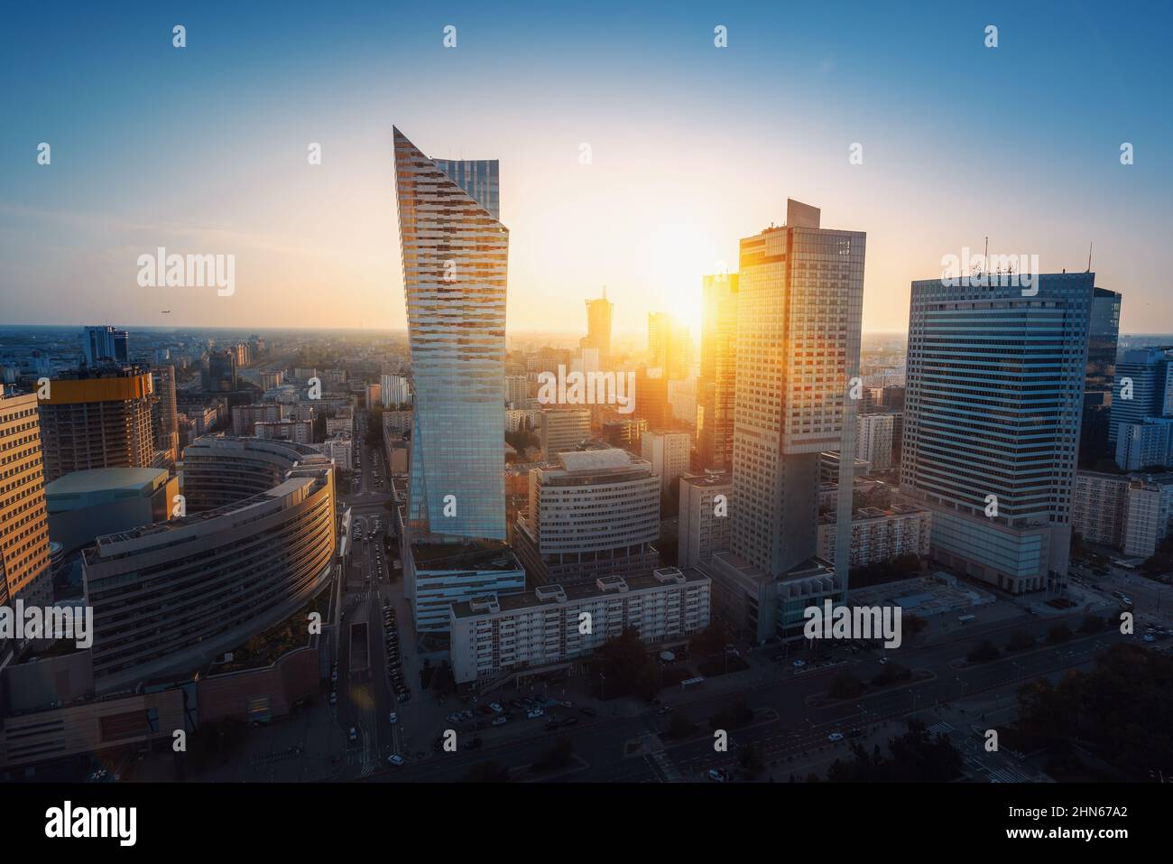 Aerial view of Warsaw Modern Buildings at sunset - Warsaw, Poland Stock ...