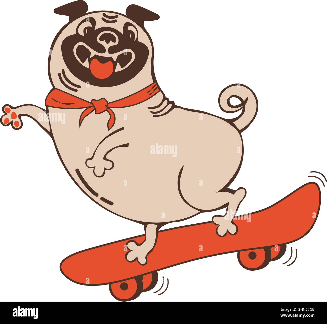 Funny animal character the happy pug riding a skateboard drawing in ...