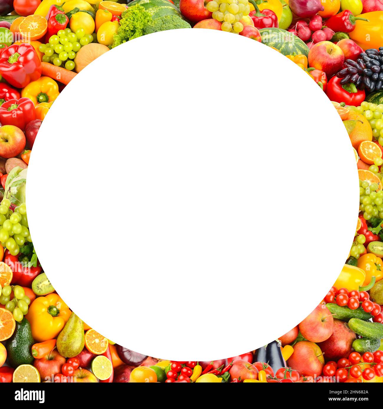 Round fruit and vegetable frame isolated on white background Stock ...