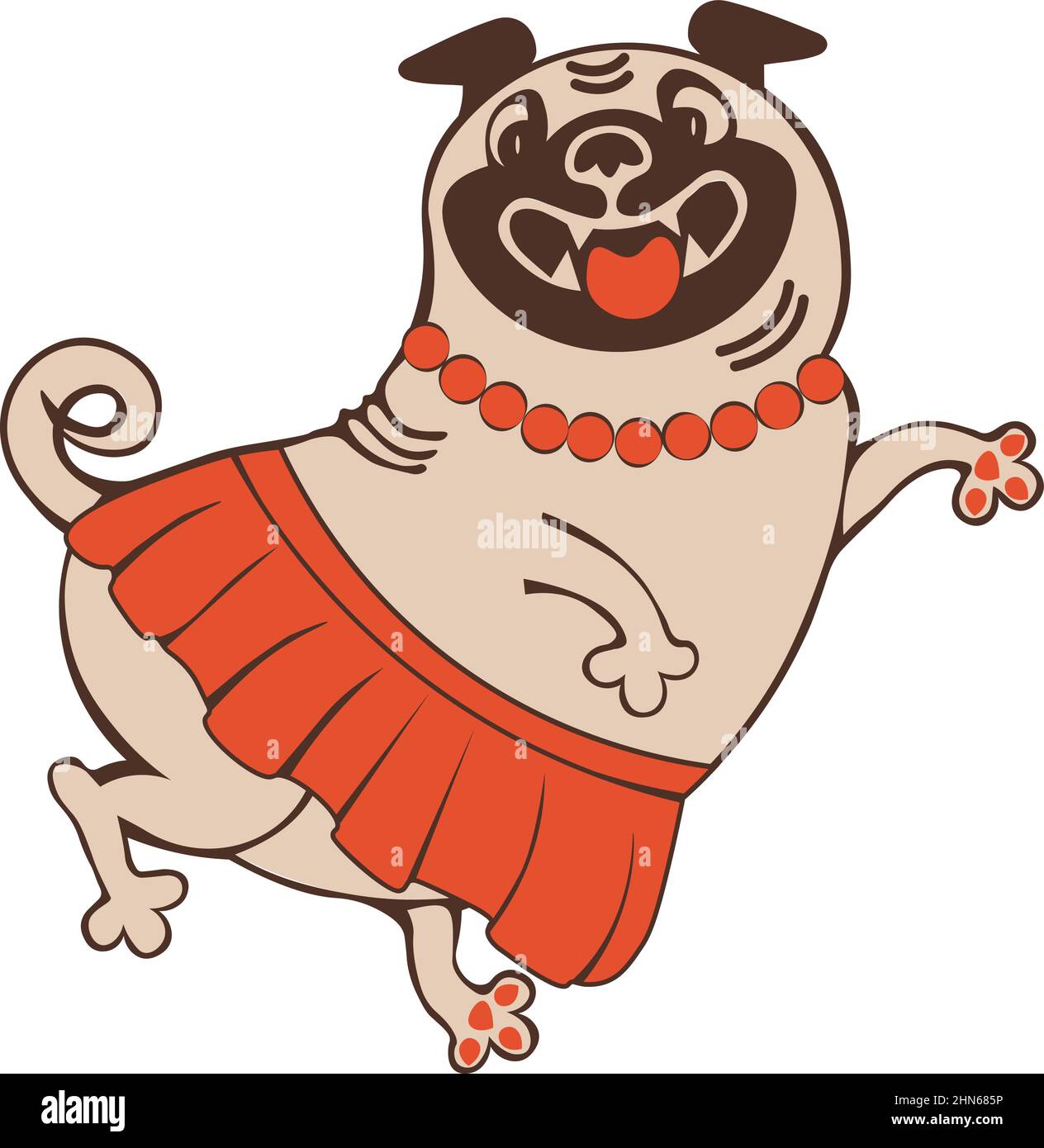 Funny animal character smiling pug girl posing and wearing red skirt ...