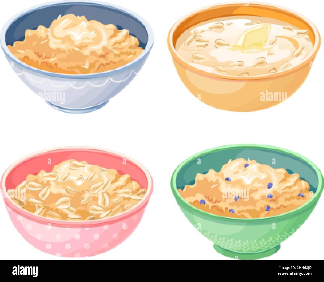 Cartoon Oats bowl. Breakfast oatmeal with granola, fibers flake in milk ...