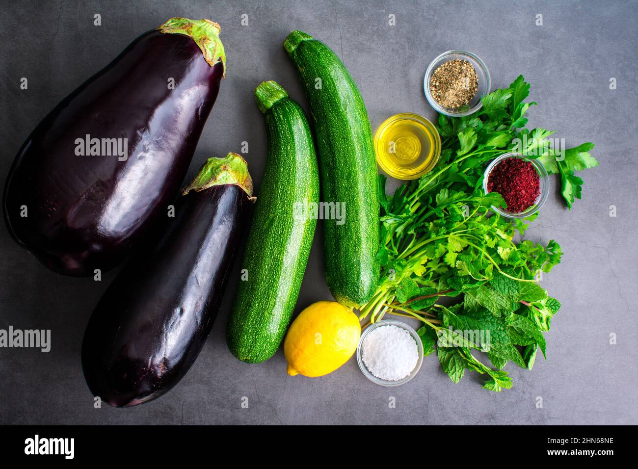 Ingredients for Roasted Aubergine and Courgette with Sumac and Herbs ...