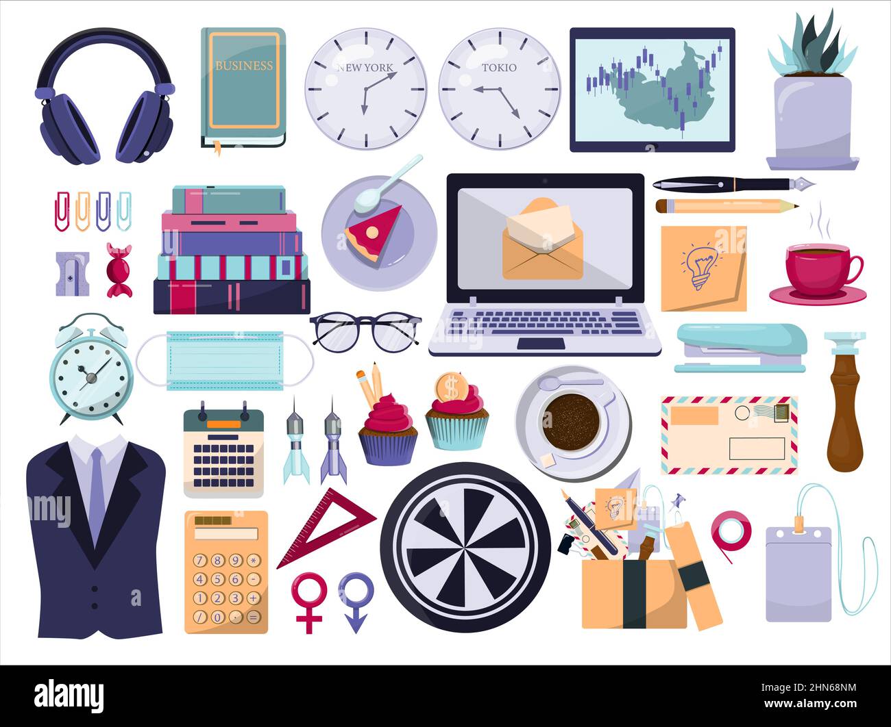 Colored flat vector office accessories. Big set with cartoon business ...