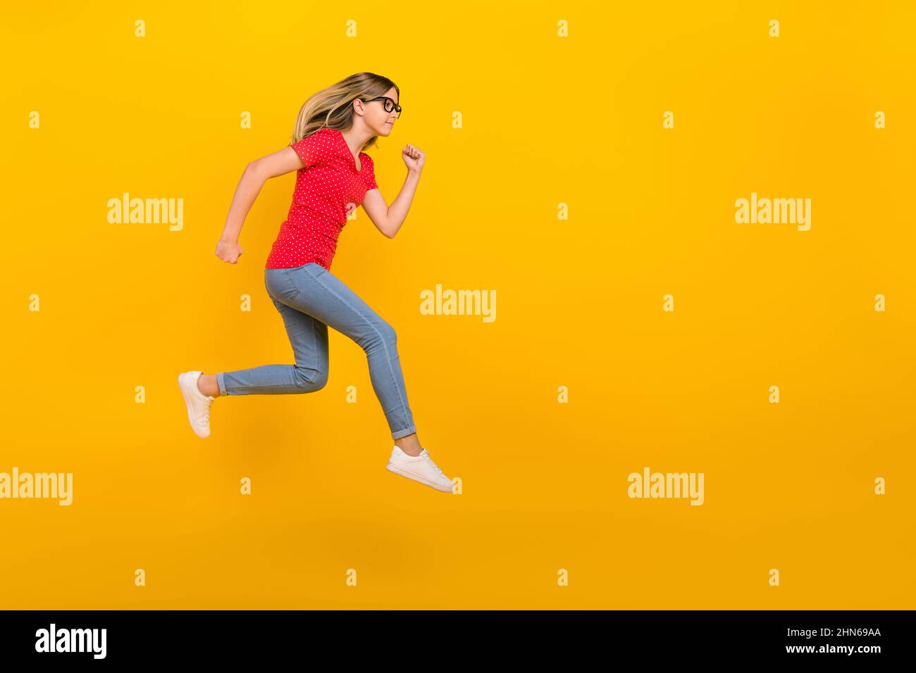 Full body profile side photo of young girl run fast speed rush movement ...