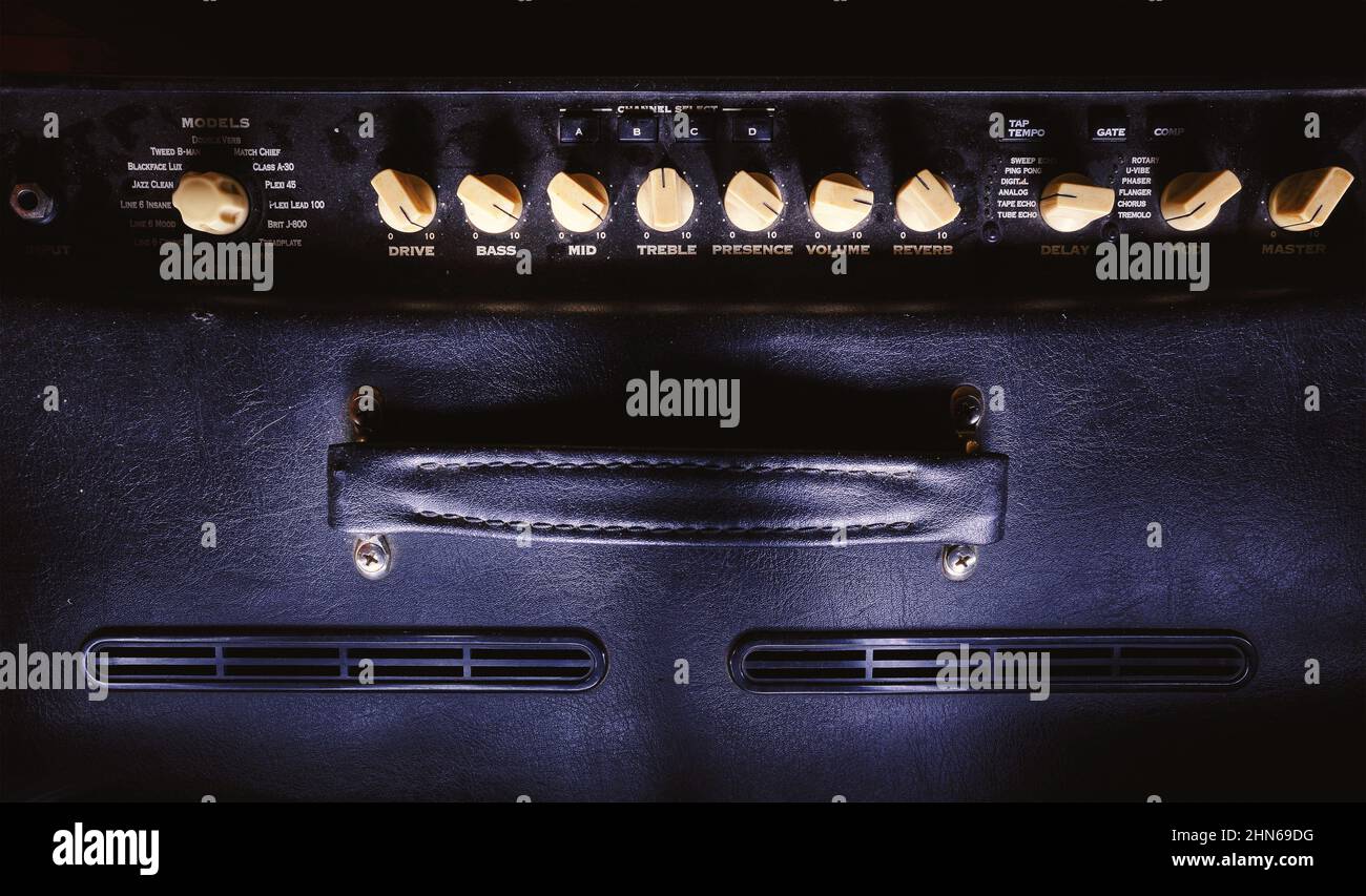 Details of a guitar amplifier, closeup view on preamp and pots Stock ...
