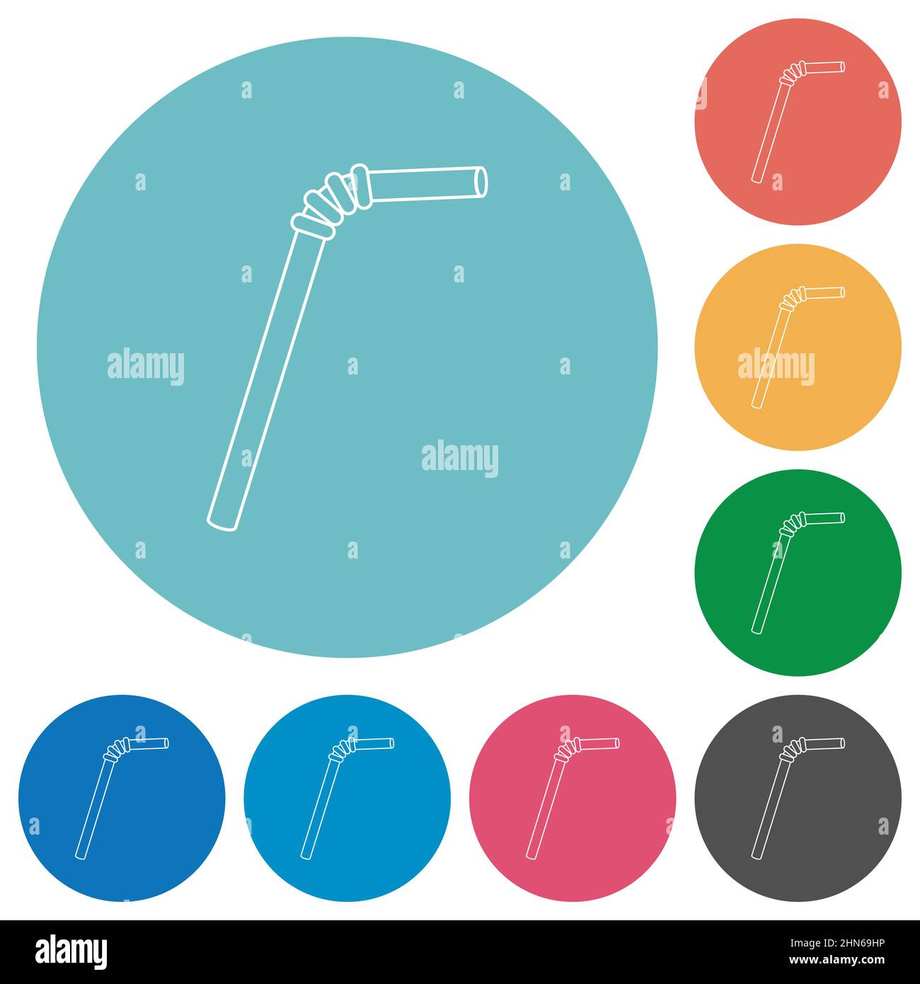 Single drinking straw outline flat white icons on round color ...