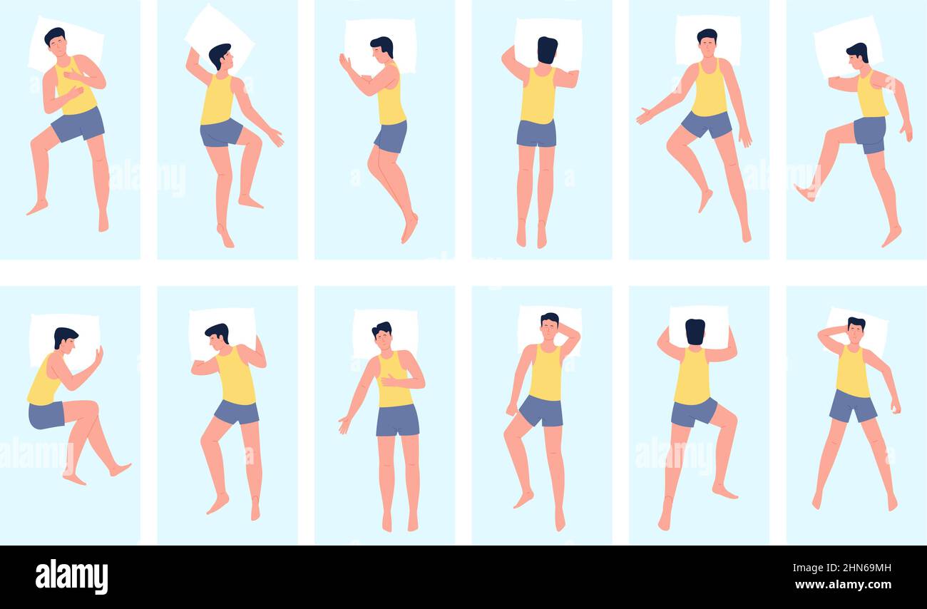 Man sleeping. Sleep positions, male lying on bed with pillow. Night ...