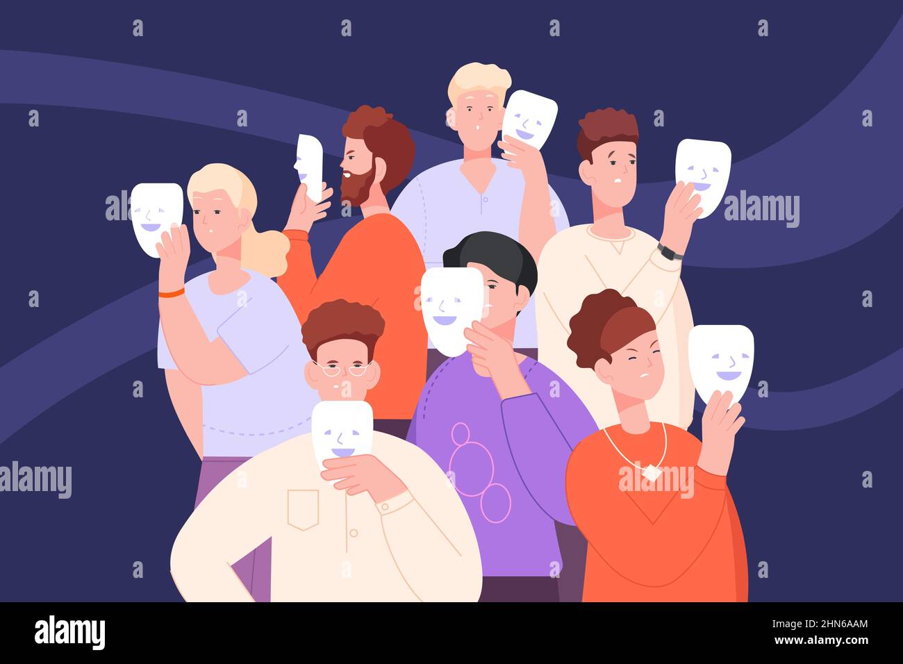 Hiding mask of group. Fake personality impostor person, liar faces ...