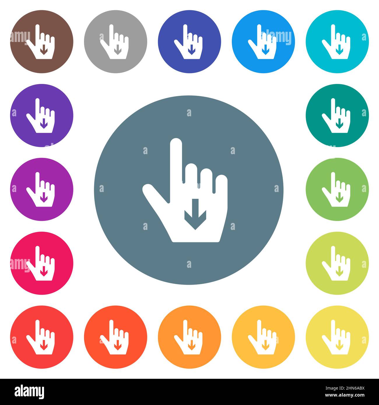 Hand cursor down solid flat white icons on round color backgrounds. 17 ...