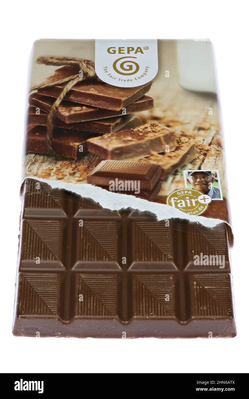 GEPA fair trade whole milk chocolate isolated on white background Stock ...