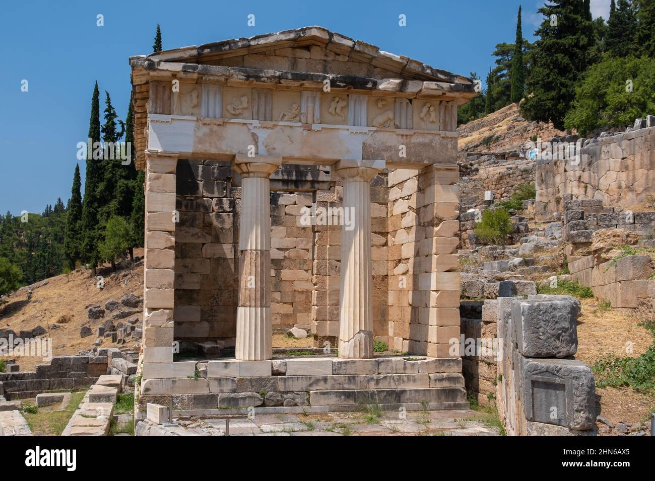 Athenian Treasury in Delphi, an archaeological site in Greece, at the ...