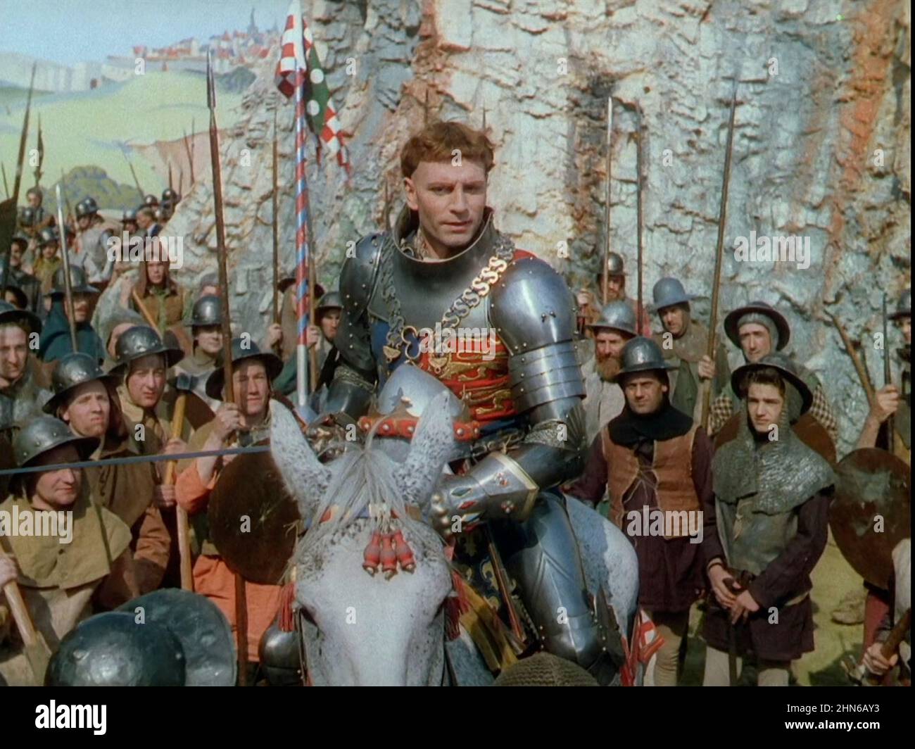 London.UK. Laurence Olivier (as Henry V) in a scene at the siege of ...