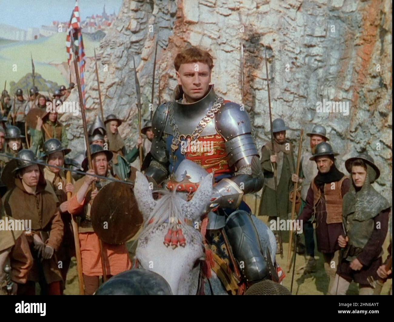 London.UK. Laurence Olivier (as Henry V) in a scene at the siege of ...