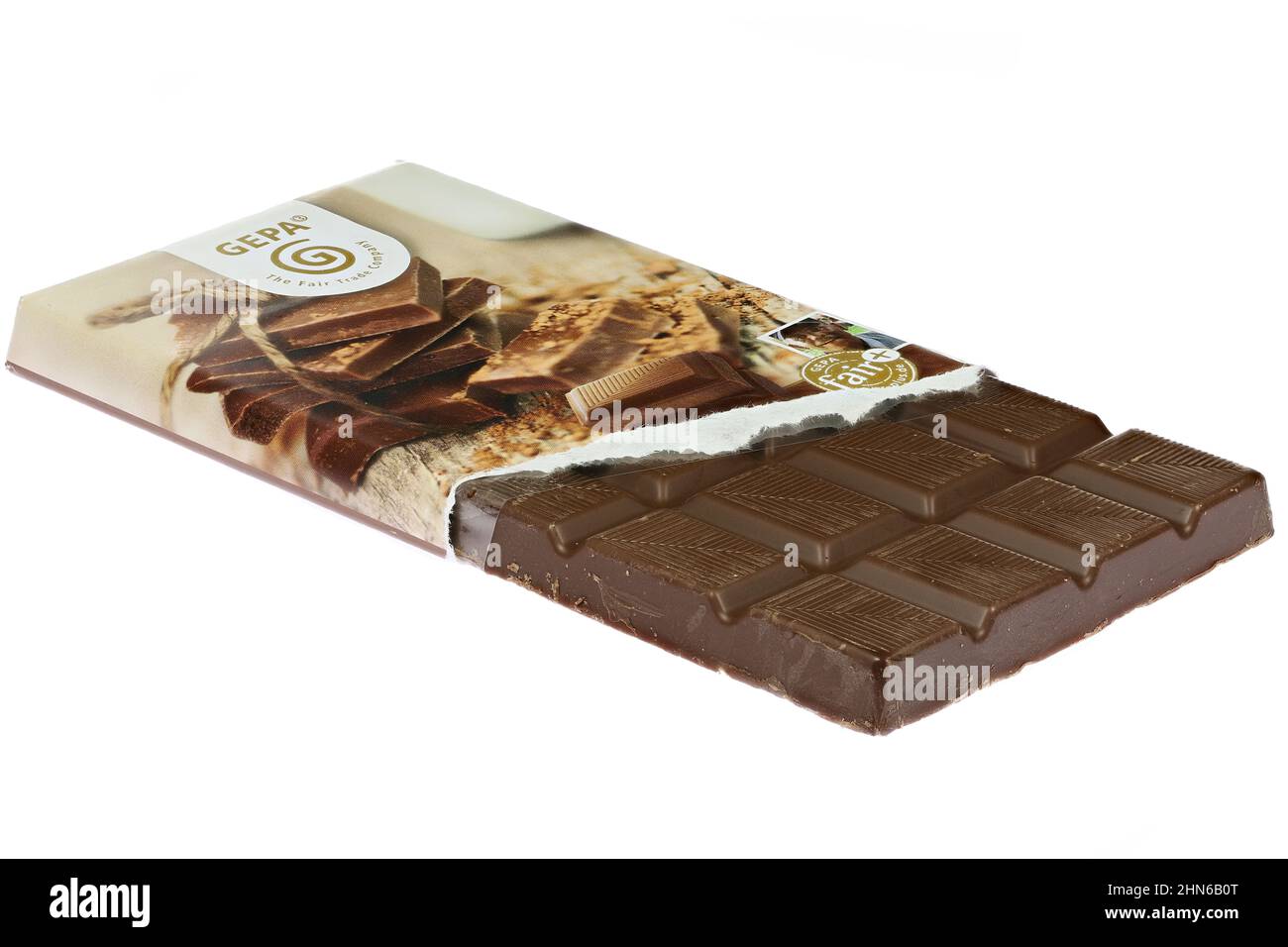 GEPA fair trade whole milk chocolate isolated on white background Stock ...
