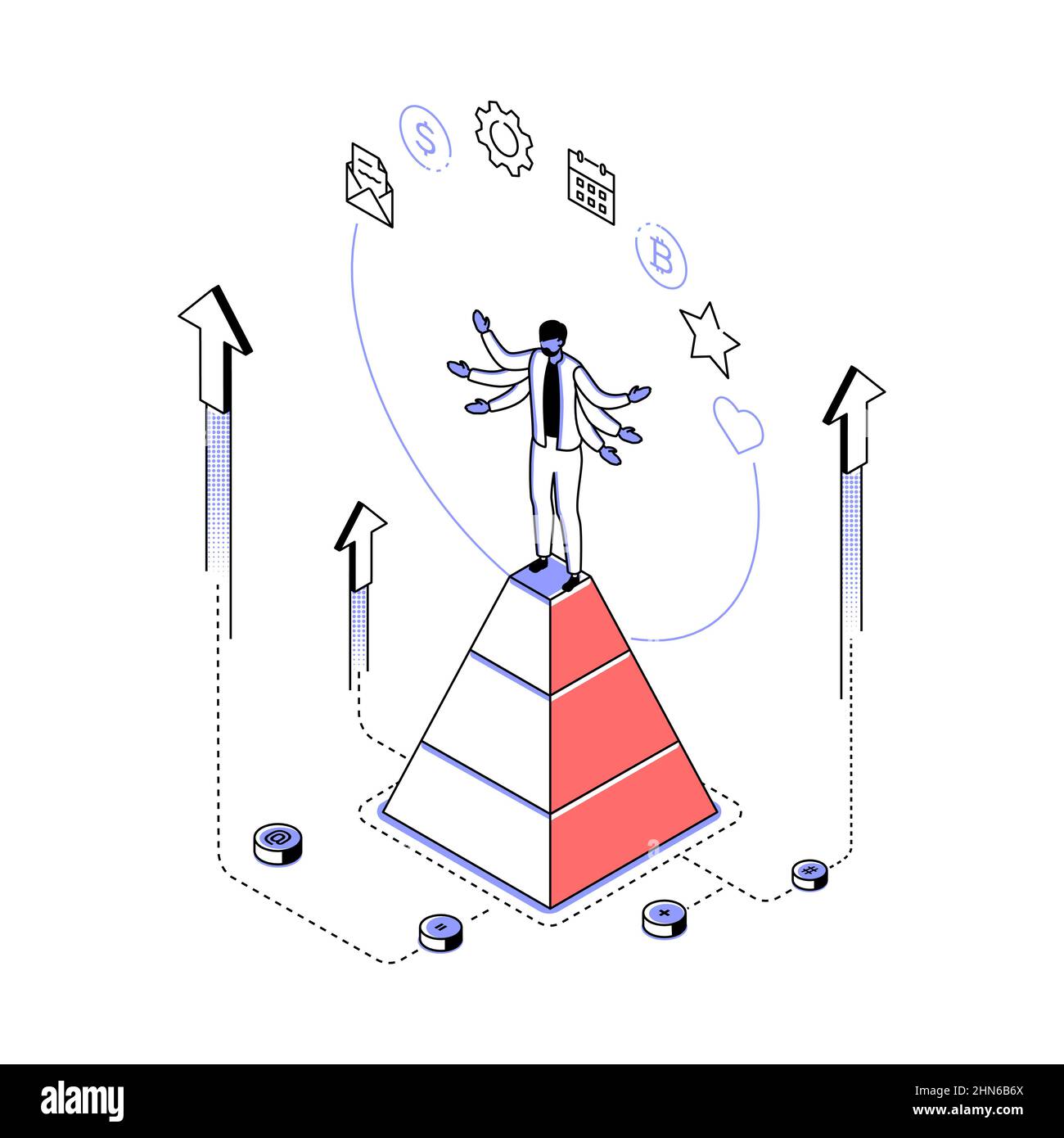Multitasking - modern line isometry design style illustration. Modern picture with multi armed ...