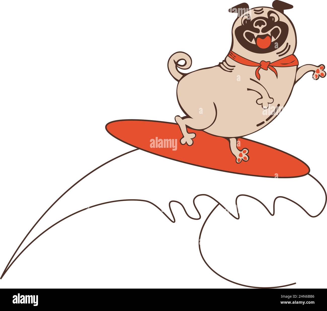 Funny animal character the happy pug riding a surf on an ocean wave ...