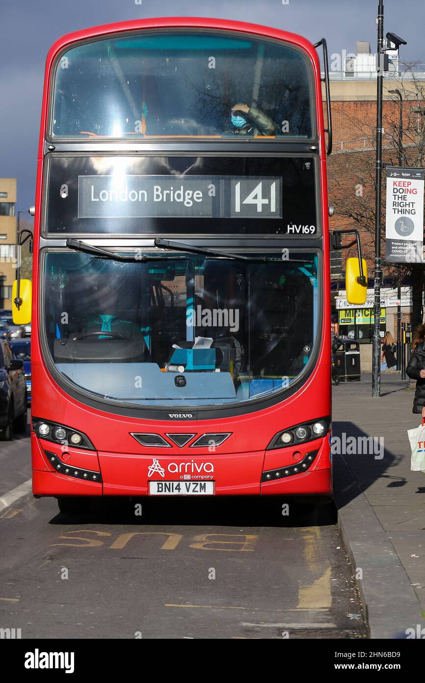 London, UK. 14th Feb, 2022. A London bus seen arriving at a bus stop ...