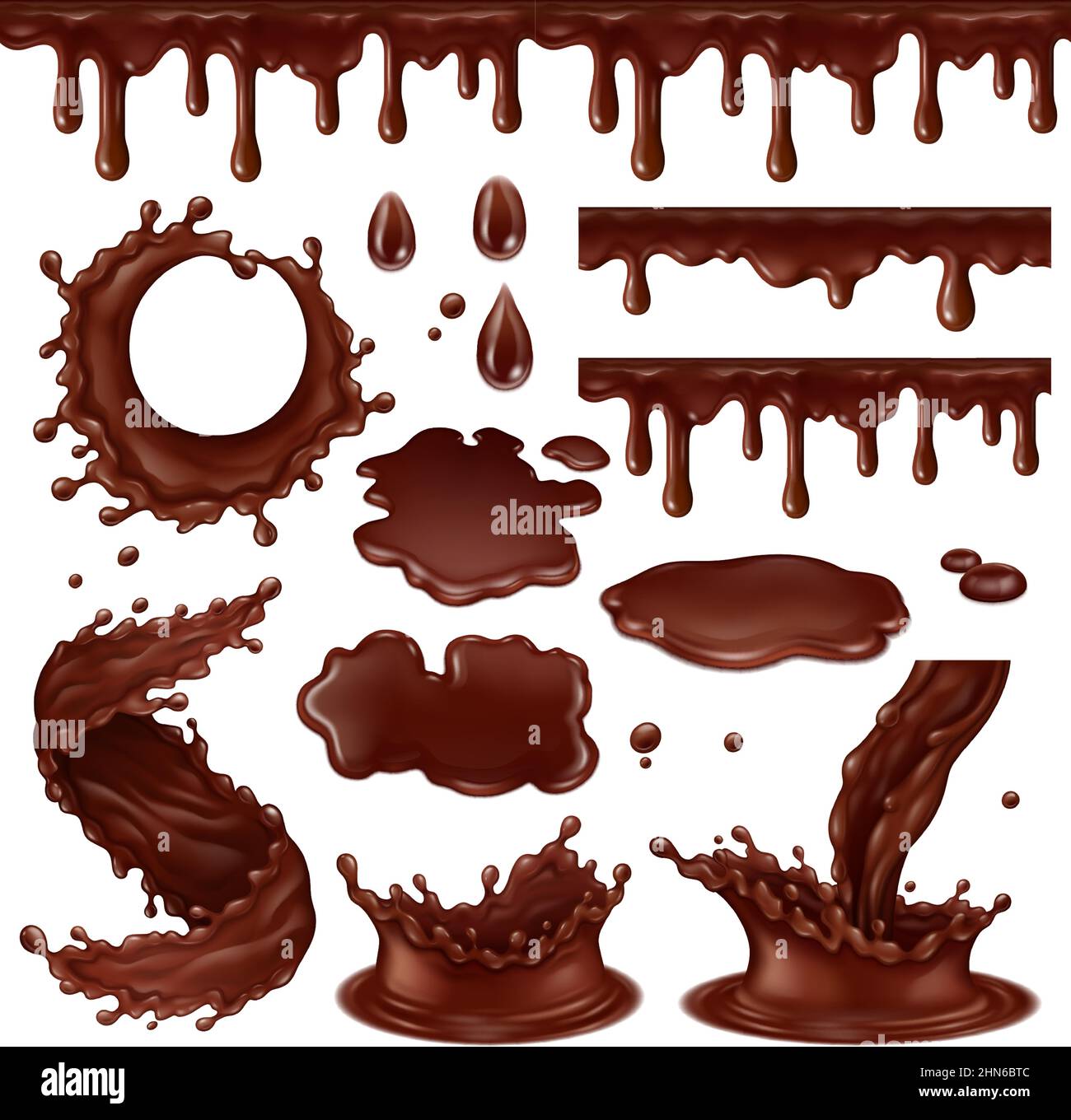 Realistic chocolate elements, hot cocoa drops, swirls and splashes ...