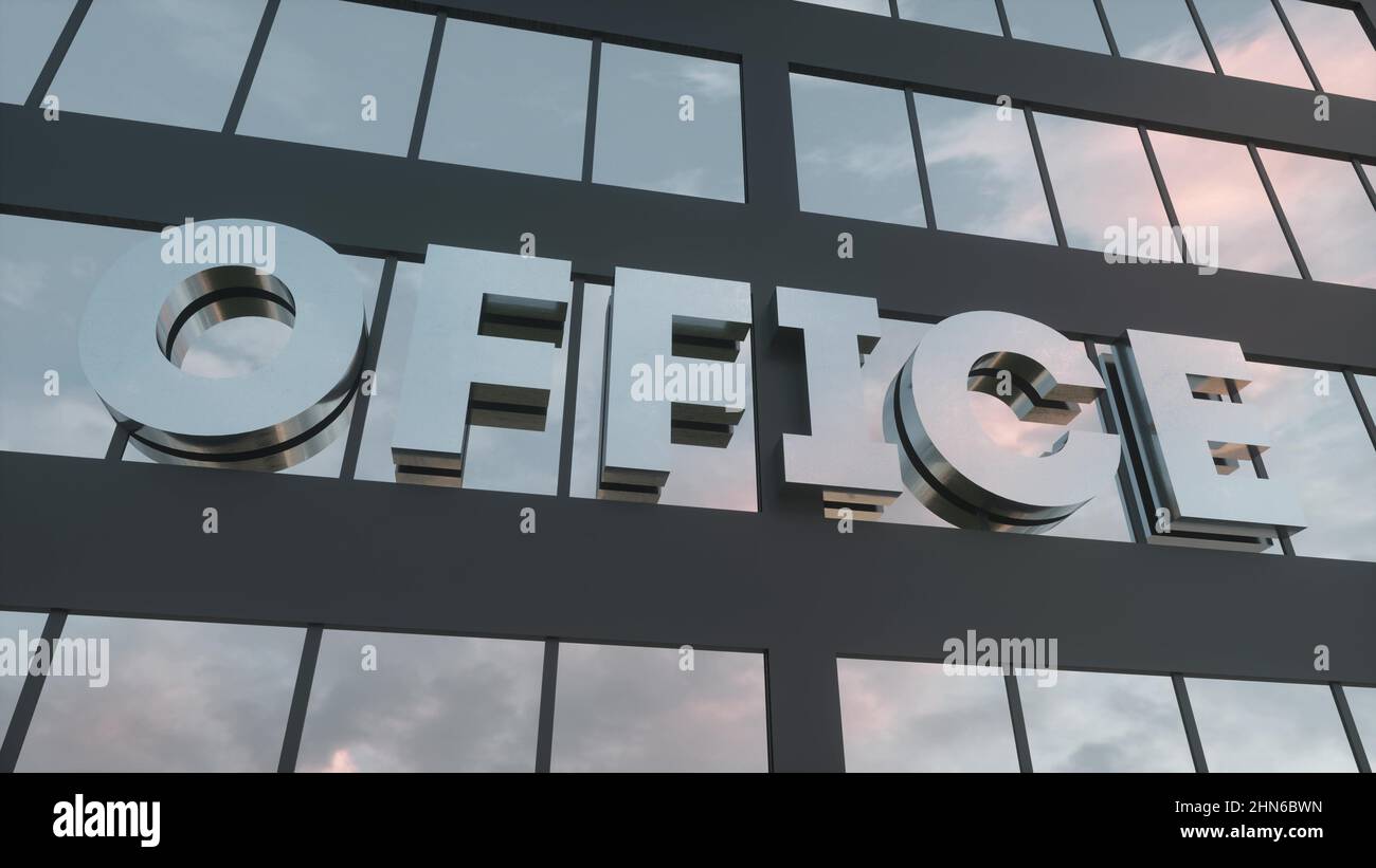Office sign on a modern glass skyscraper. Office glass building. 3d ...