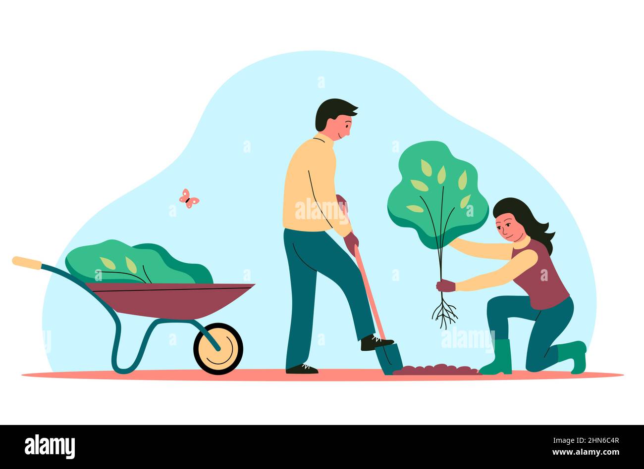 A family couple is planting a tree sapling. A man with a shovel, a ...