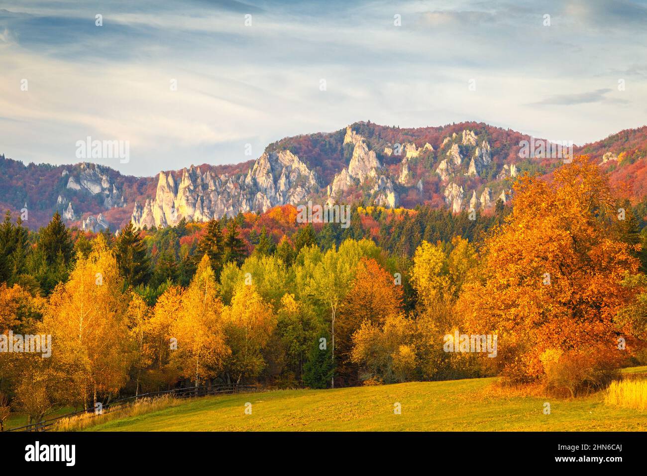 Landscape with a trees in autumn colors. Mountains in the Sulov rocks ...