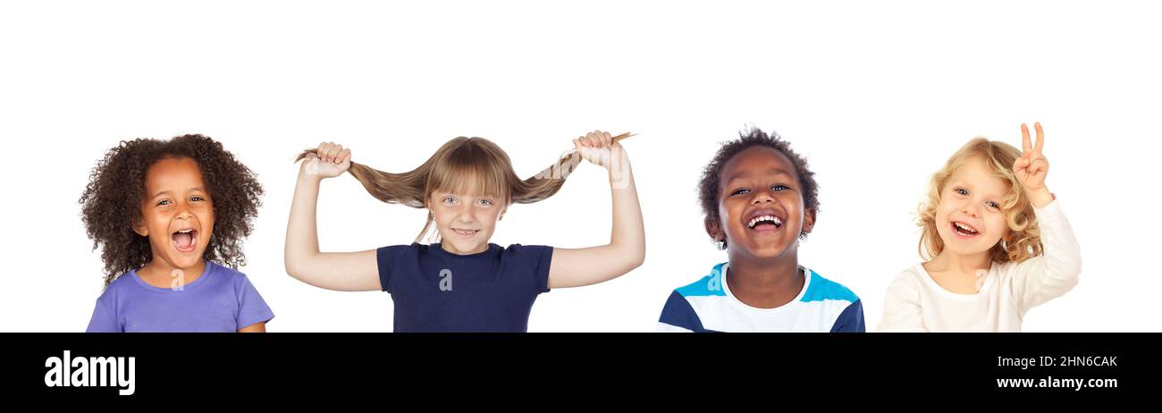 Diverse group of children doing hand gestures and laughing isolated on ...