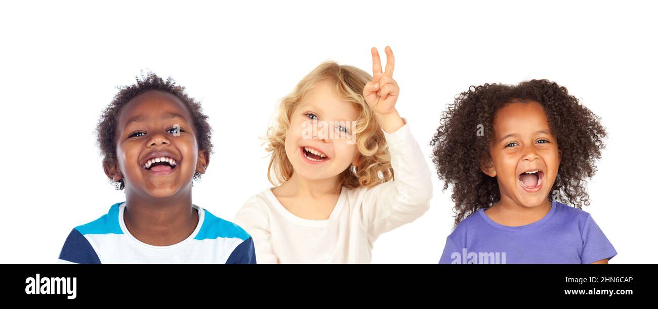 Diverse group of children doing hand gestures and laughing isolated on ...