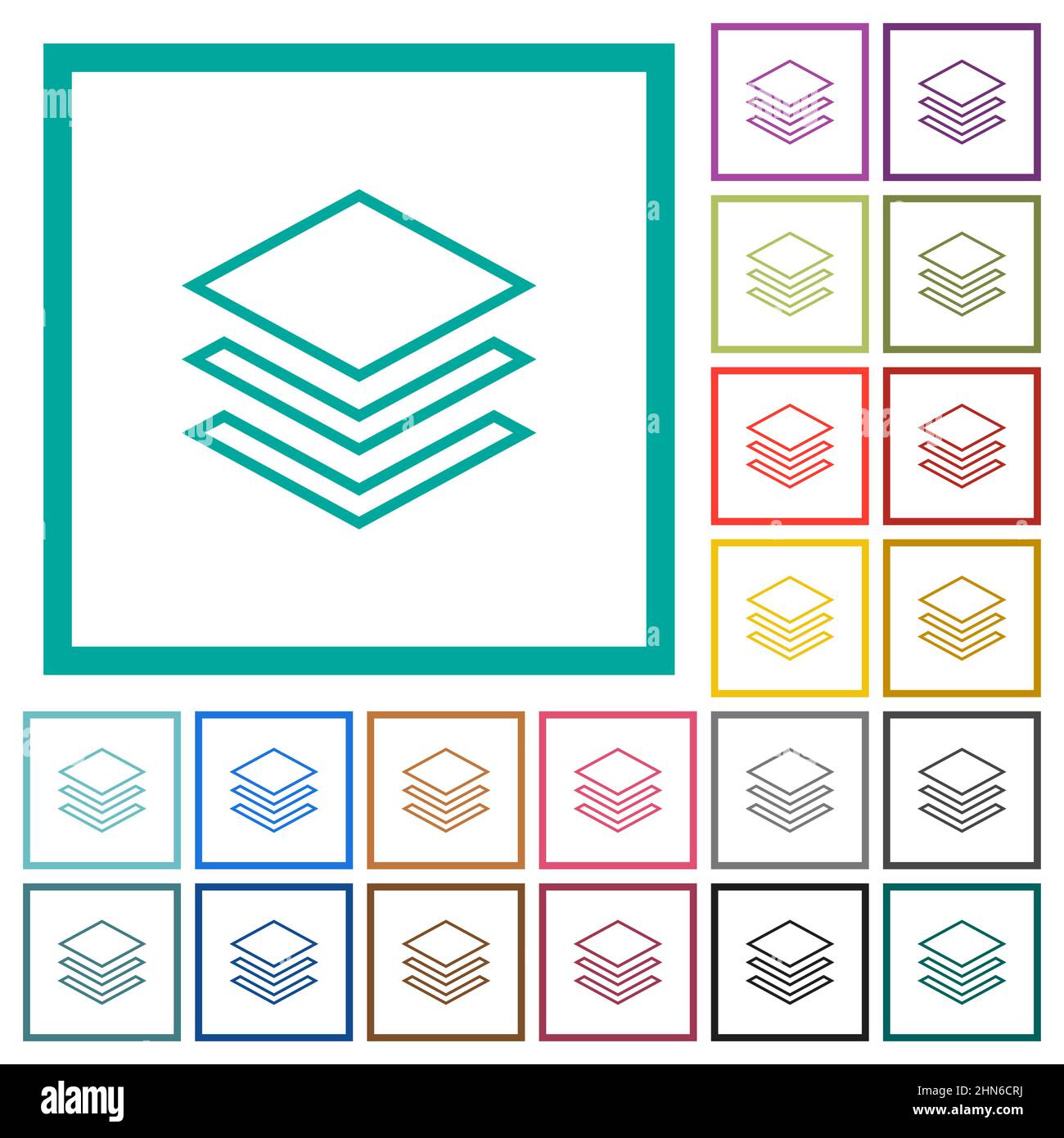 Layers outline flat color icons with quadrant frames on white ...