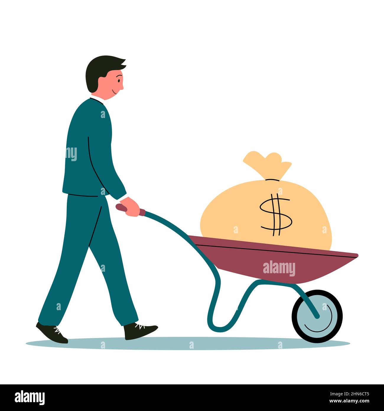 A businessman is driving a wheelbarrow with money. Successful business ...