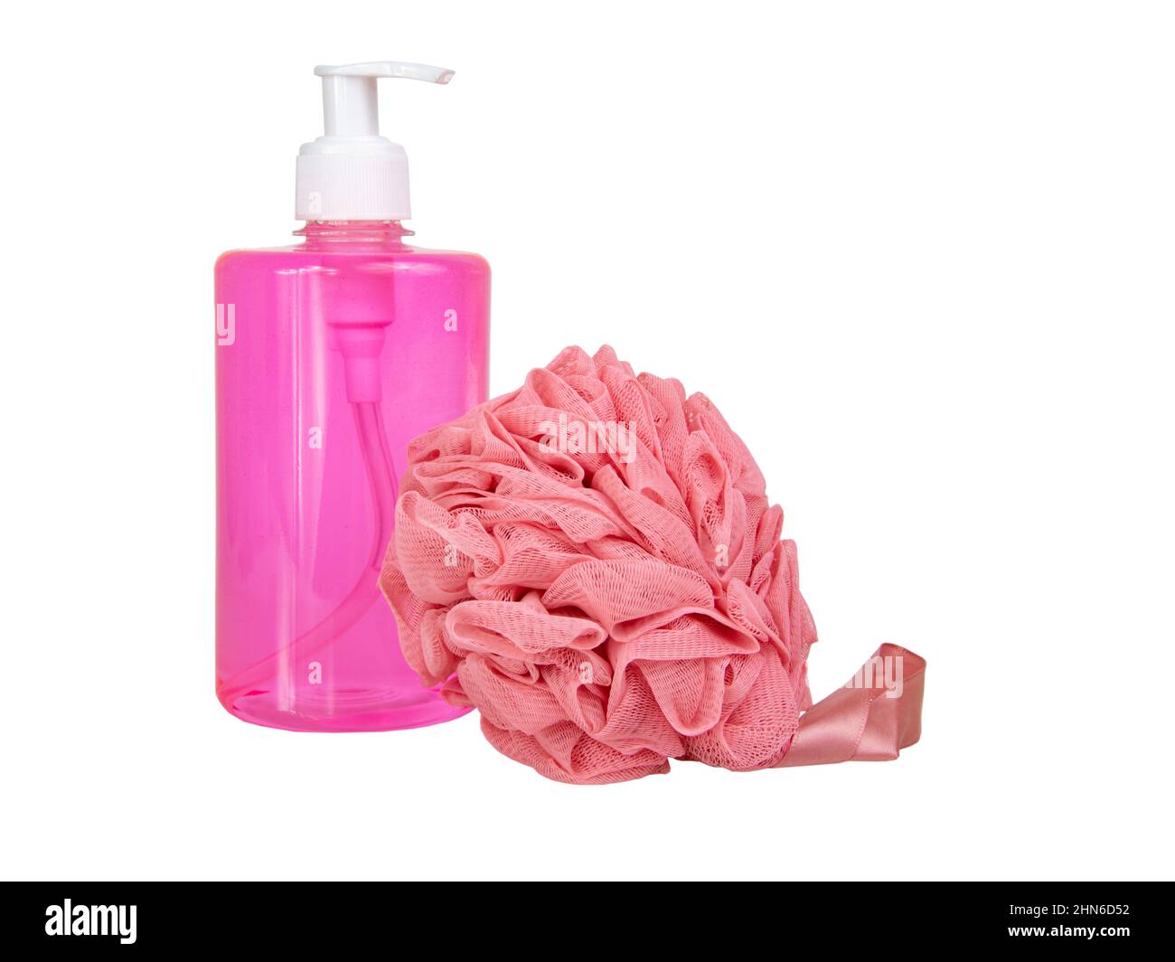 Pink liquid soap bottle and sponge for shower isolated on the white ...