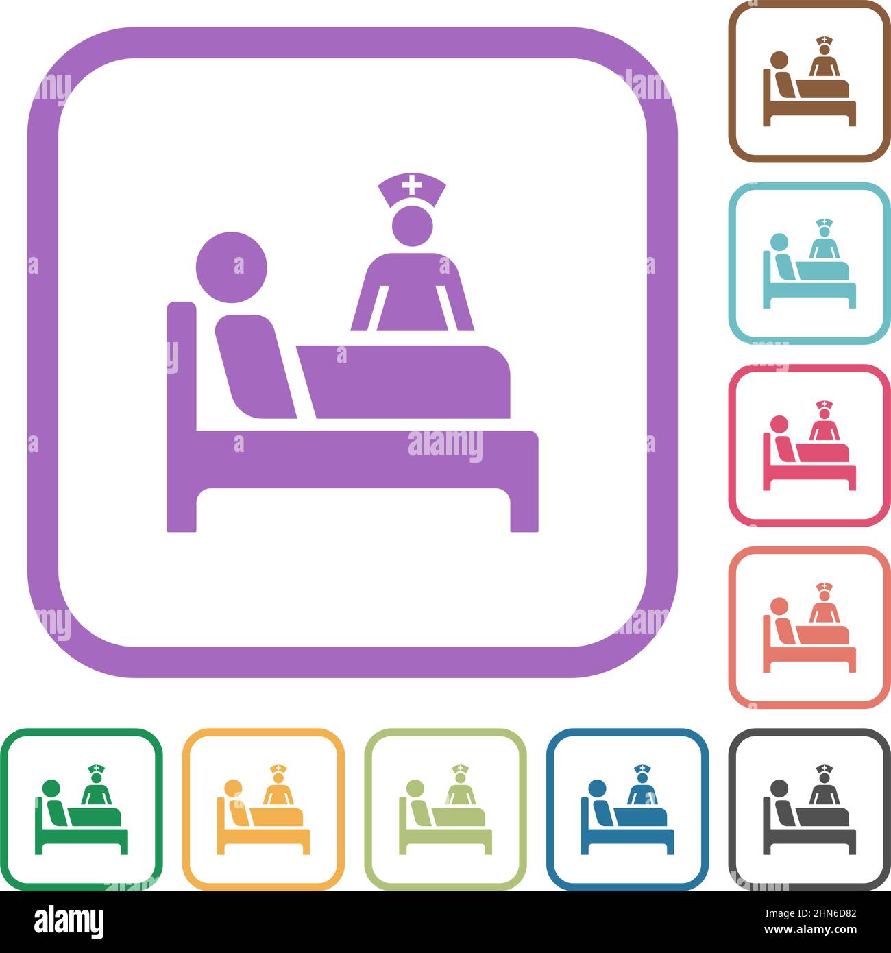 Inpatient care simple icons in color rounded square frames on white ...